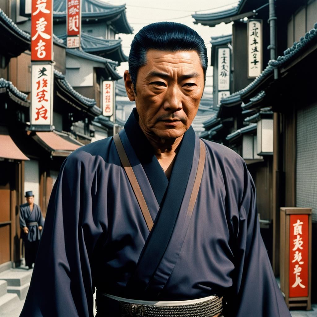 Takeshi Kitano as Zatoichi, the blind samurai, in the streets of a ...