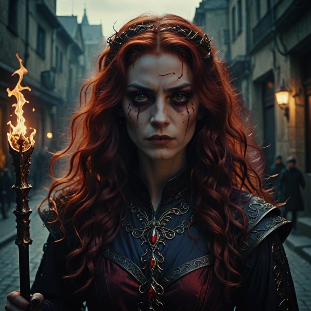 Regal Red-Haired Princess Demon with Golden Accent... - AI Art