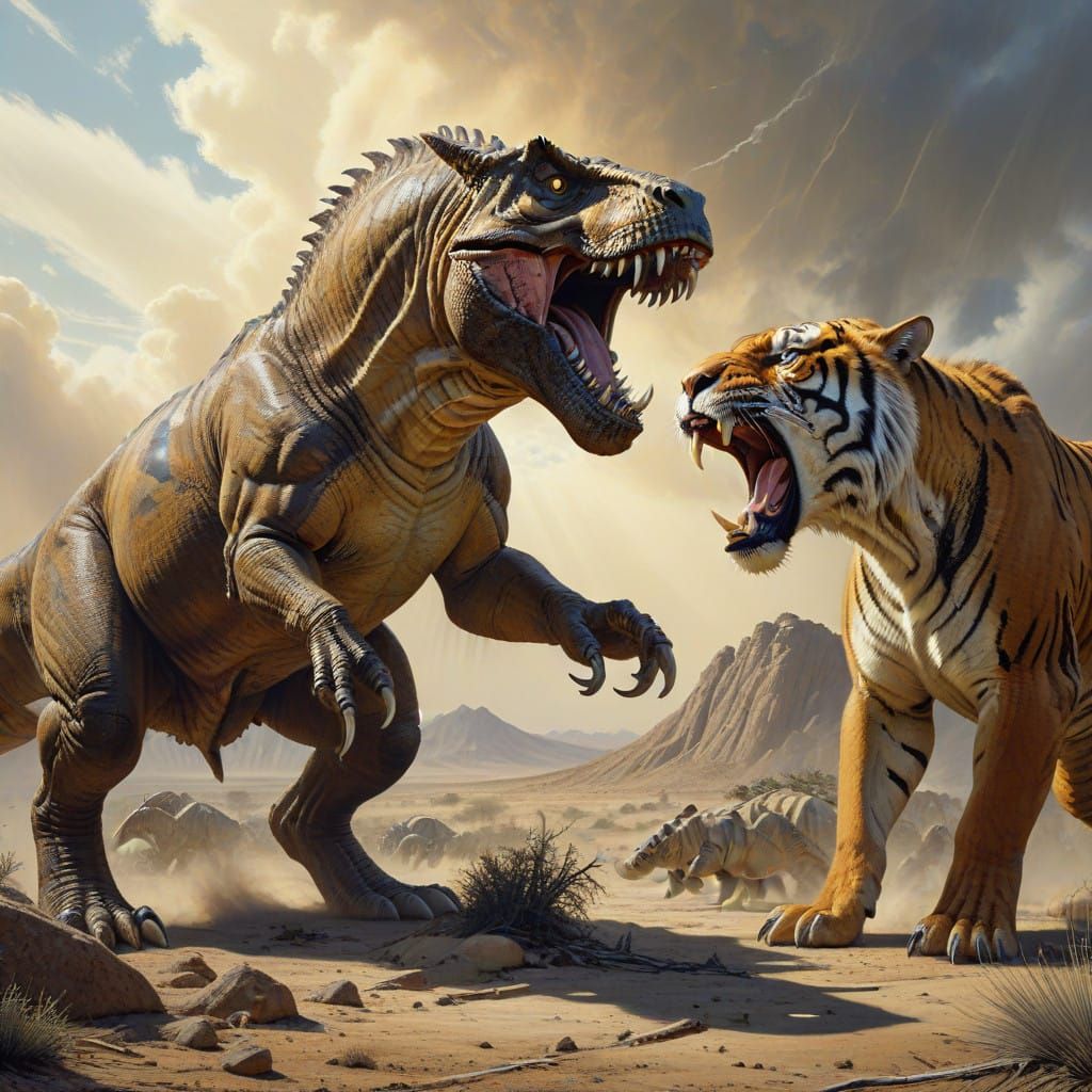 A dramatic confrontation between a Tyrannosaurus rex and a saber ...