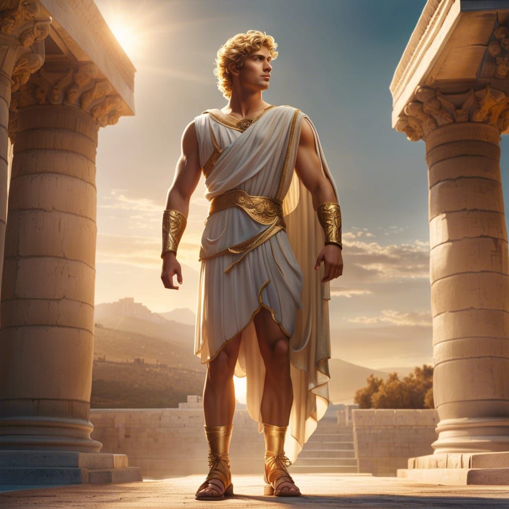 a handsome and masculine young teen god apollo, curly wavy blonde hair ...
