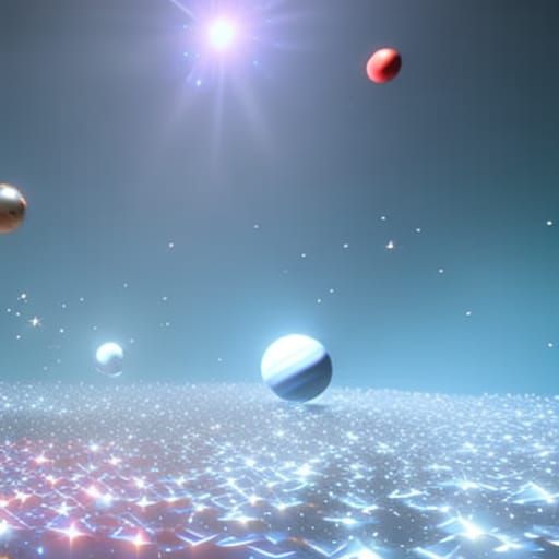 A solar system with planets and a star, made of glass prisms, the light ...