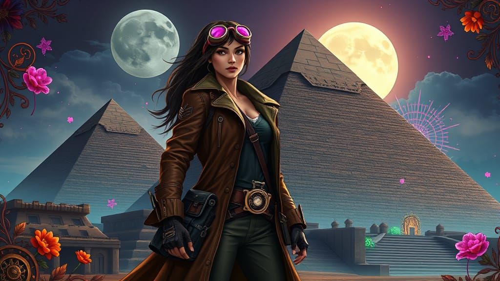 Fearless Explorer in Front of Pyramids Under Full ... - AI Art