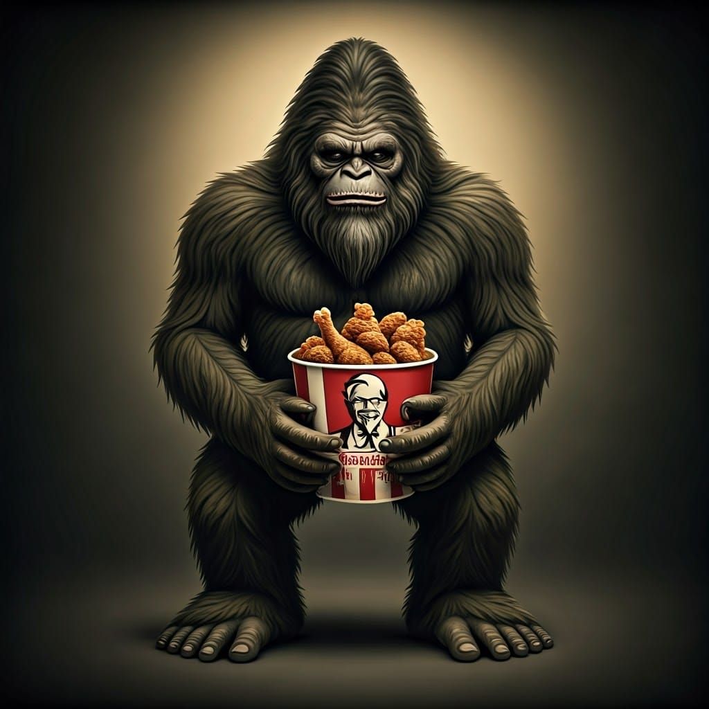 Bigfoot eating a bucket of Kentucky Fried Chicken