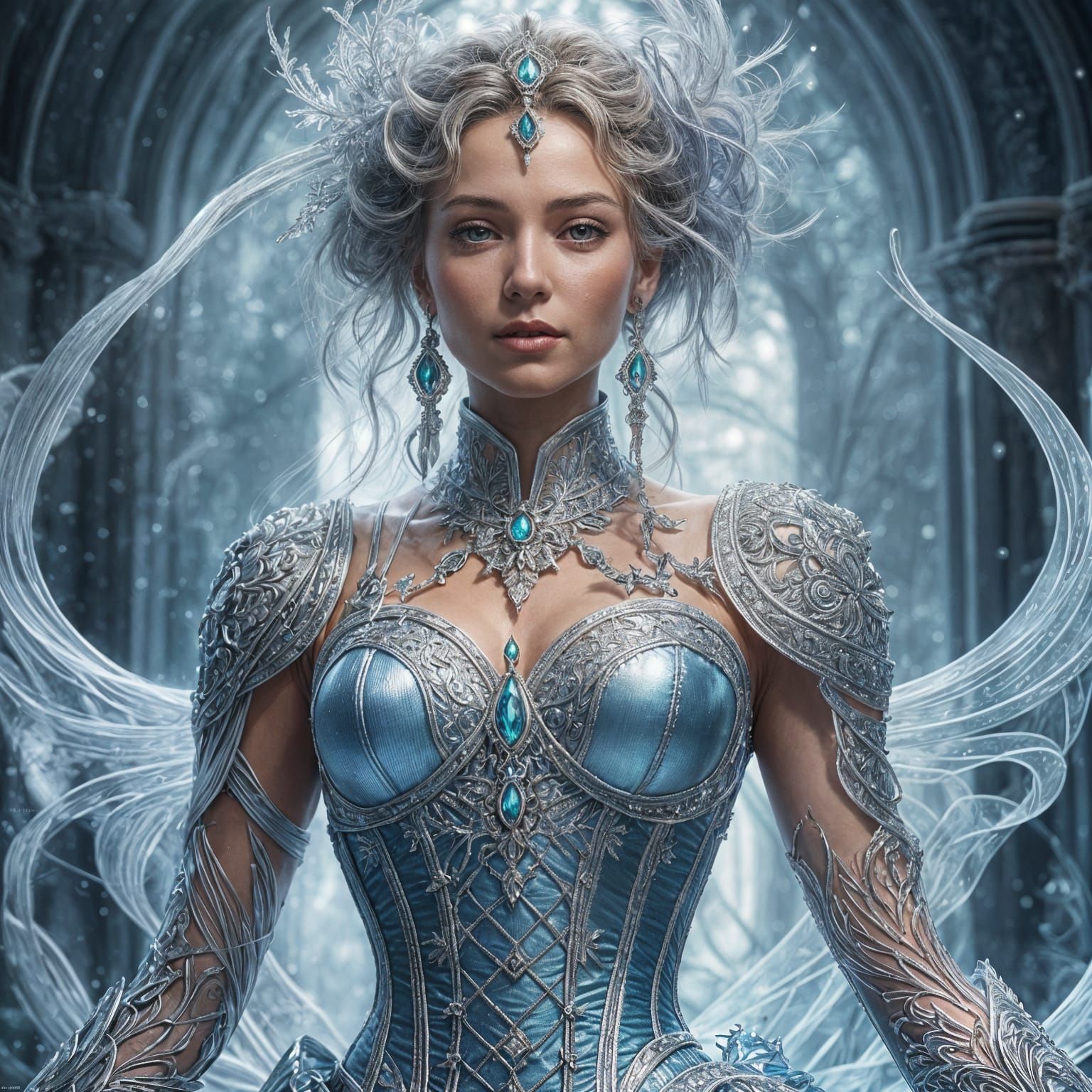 Winter Goddess, Radiant in Crystal Corset and Fros... - AI Art