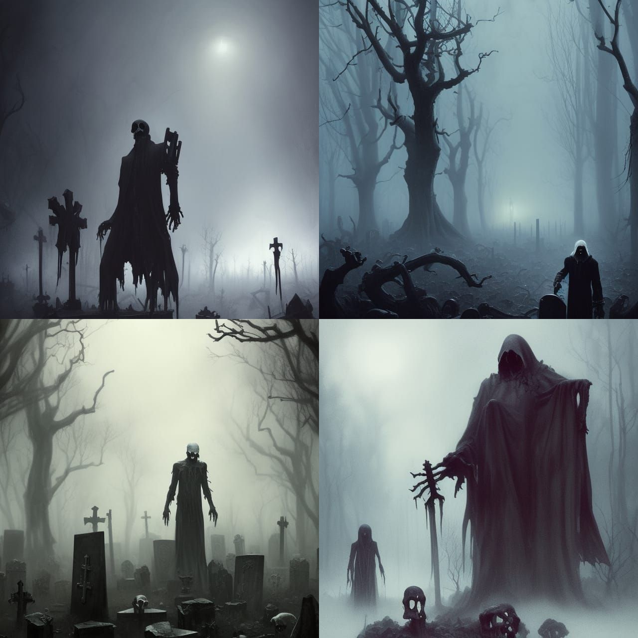 Grave Yard Ghoul! surrounded by a white misty fog and black humanoid ...