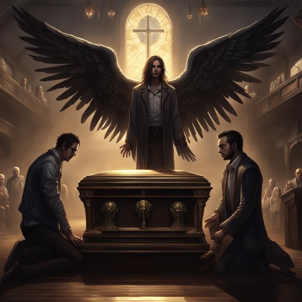 angeles around an open coffin with a dead young guy, having their hands ...