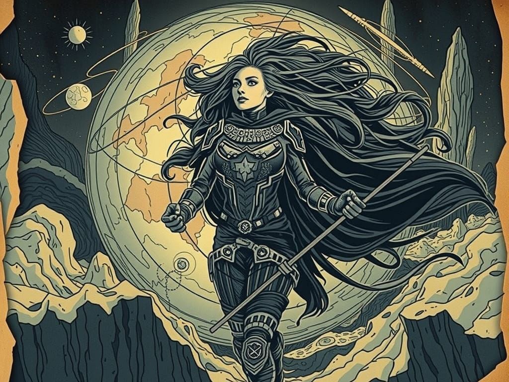 Heroic Woman in Futuristic Little Planet Scene - AI Art