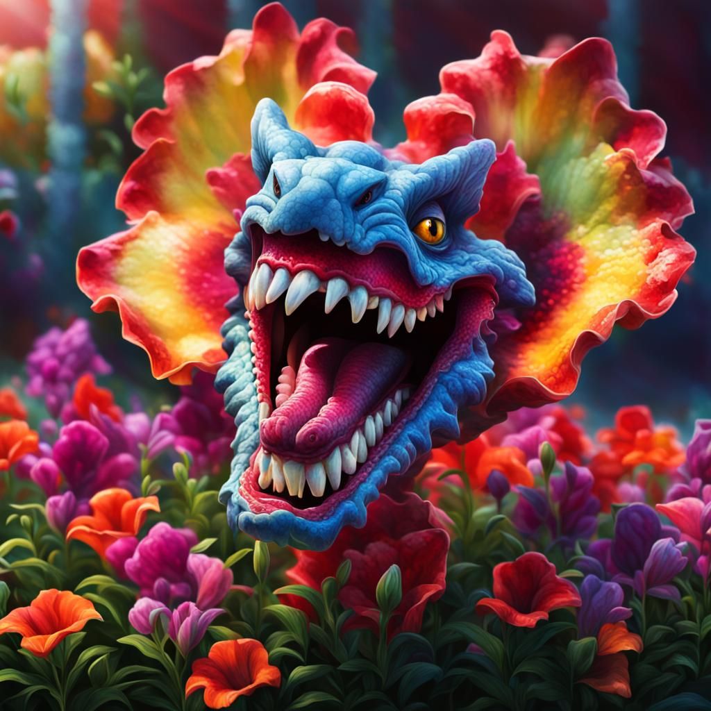 Snapdragon flower with real fangs, menacing grin, crazy eyes, in ...