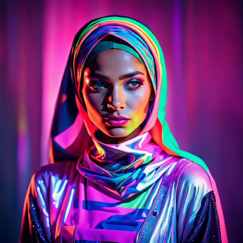 Realistic neon portrait of woman wearing a futuristic shiny ...