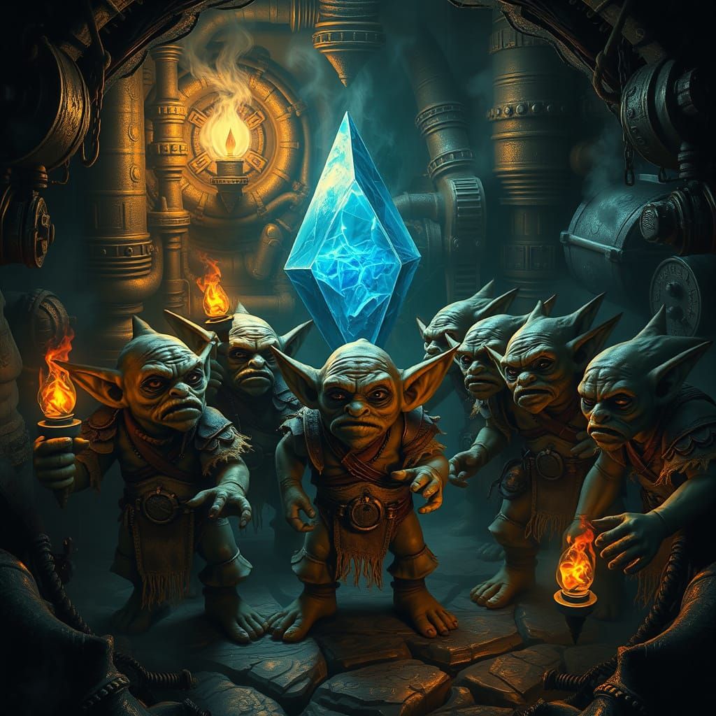 Goblins Discover Aetherium Shard in Dwemer Ruin - AI Art