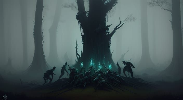 Creatures huddle around a tree. - Creatures huddle around a ...