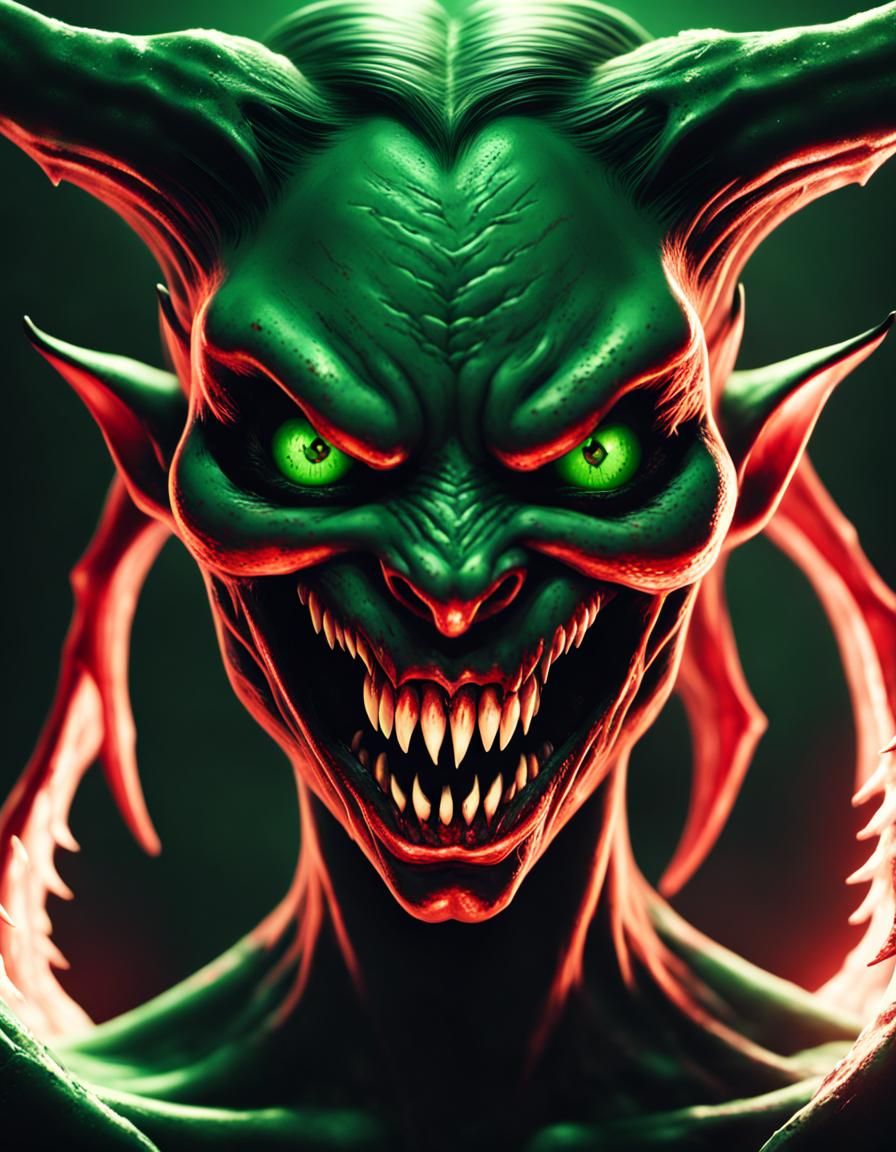 Female demon smiling sharp teeth claws blood green eyes scary vivid 8k ...