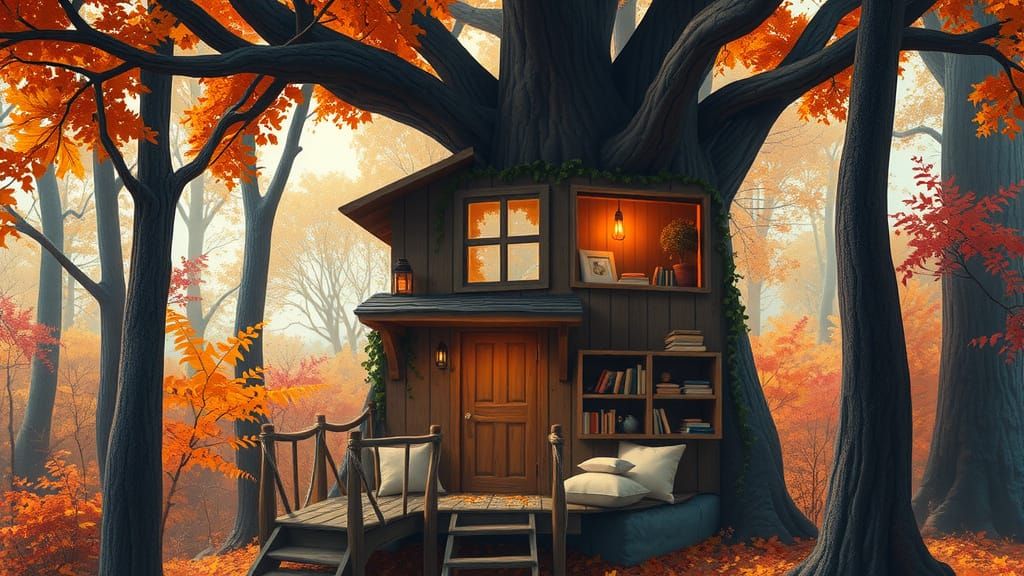 Cozy Treehouse Nestled in an Autumn Forest