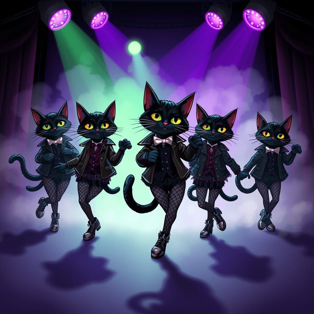 Whimsical Goth Cats Tap Dance in Vintage Style - AI Art