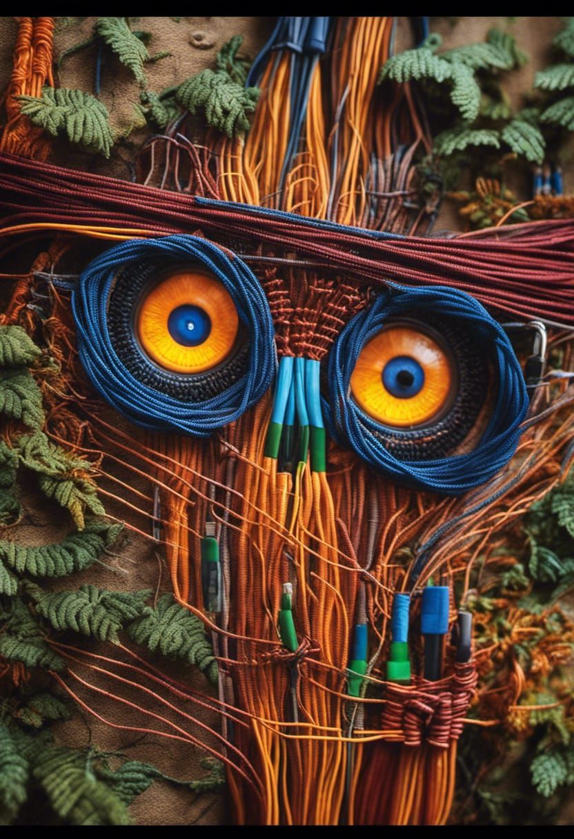 complex intricate macrame made from old computer cables with attached 8 ...