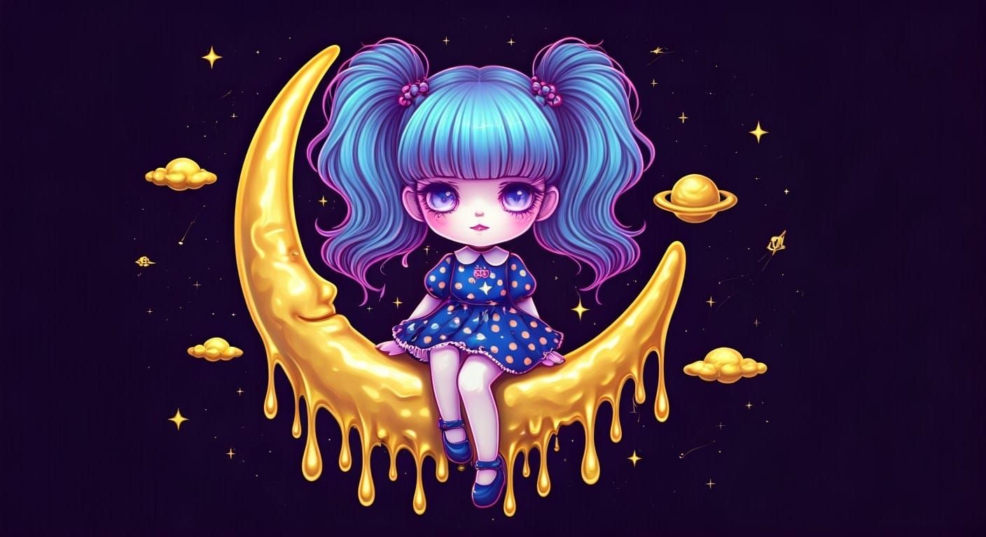 Neon Pastel Chibi Girl on Dripping Moon - AI Art