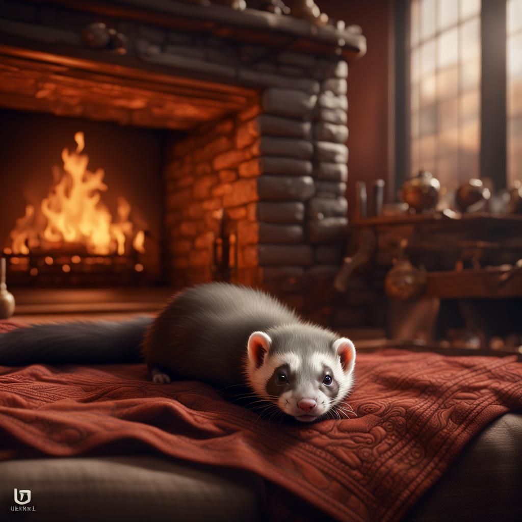 ferret on a blanket laying by the fireplace - AI Generated Artwork ...