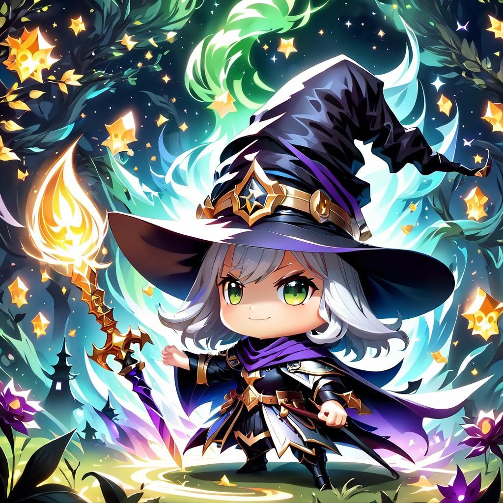 Adorable chibi witch knight, chibi knight wearing a witch hat, magical ...
