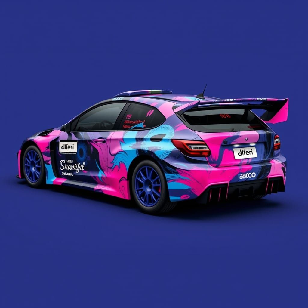 Rally car wrapped in "beautiful shame" artwork