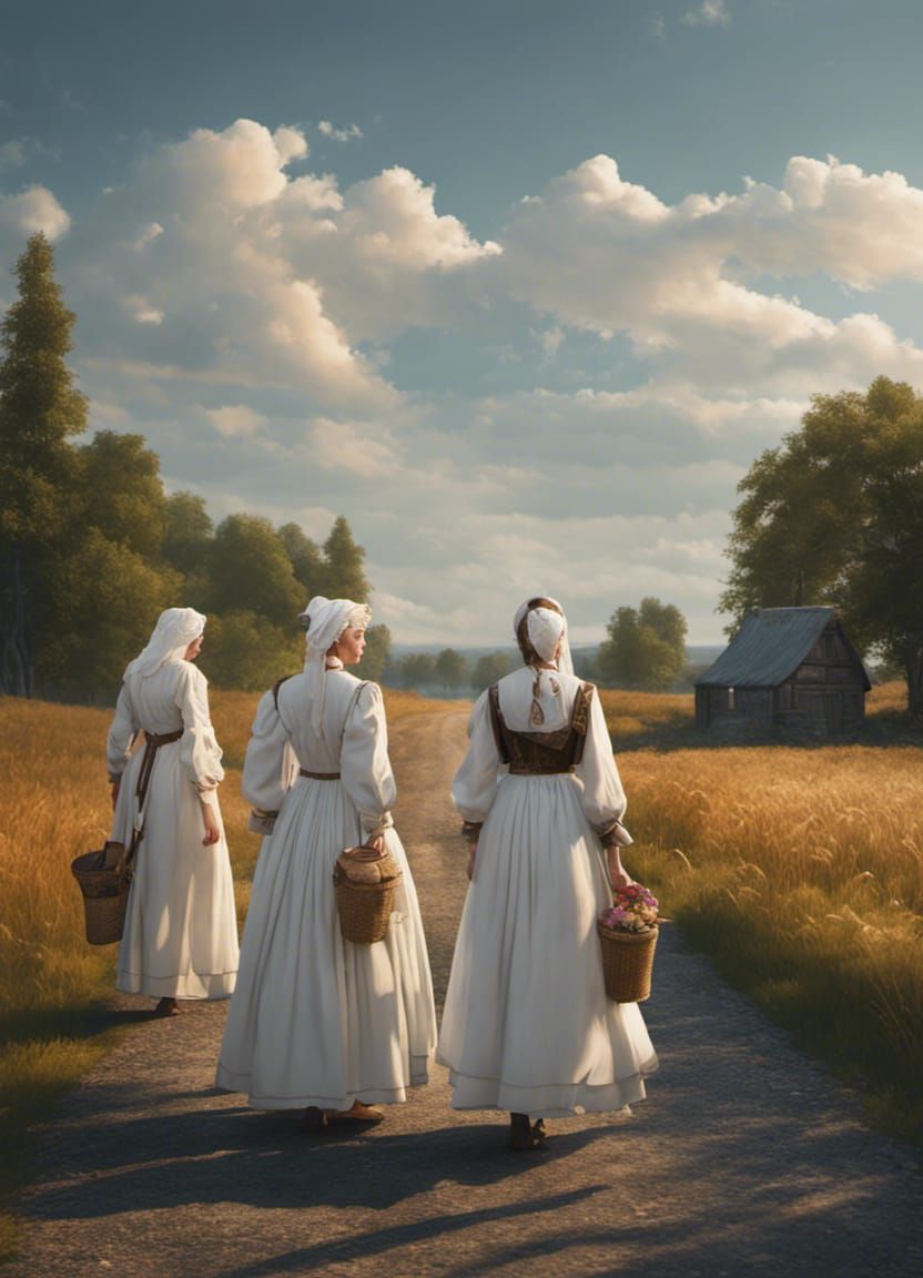 Womens in white folk costume on the road, rural landscape, Chełmoński ...