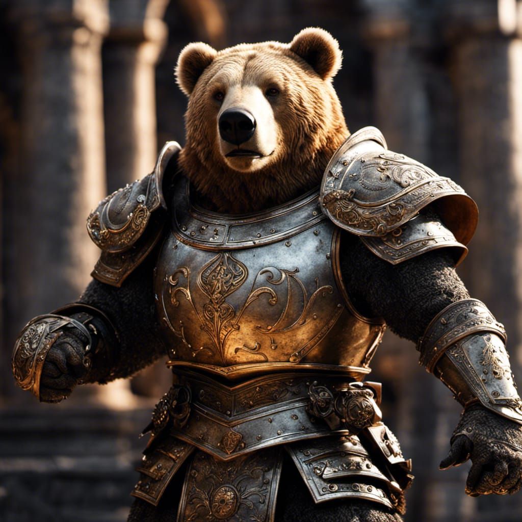 A Photograph portrait of a Badass armored Fozzy Bear holding the World ...