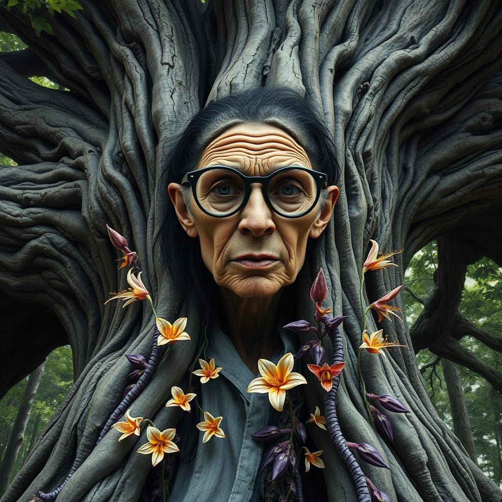 Ancient Crone Blossoms with Gnarled Tree in Whimsi... - AI Art