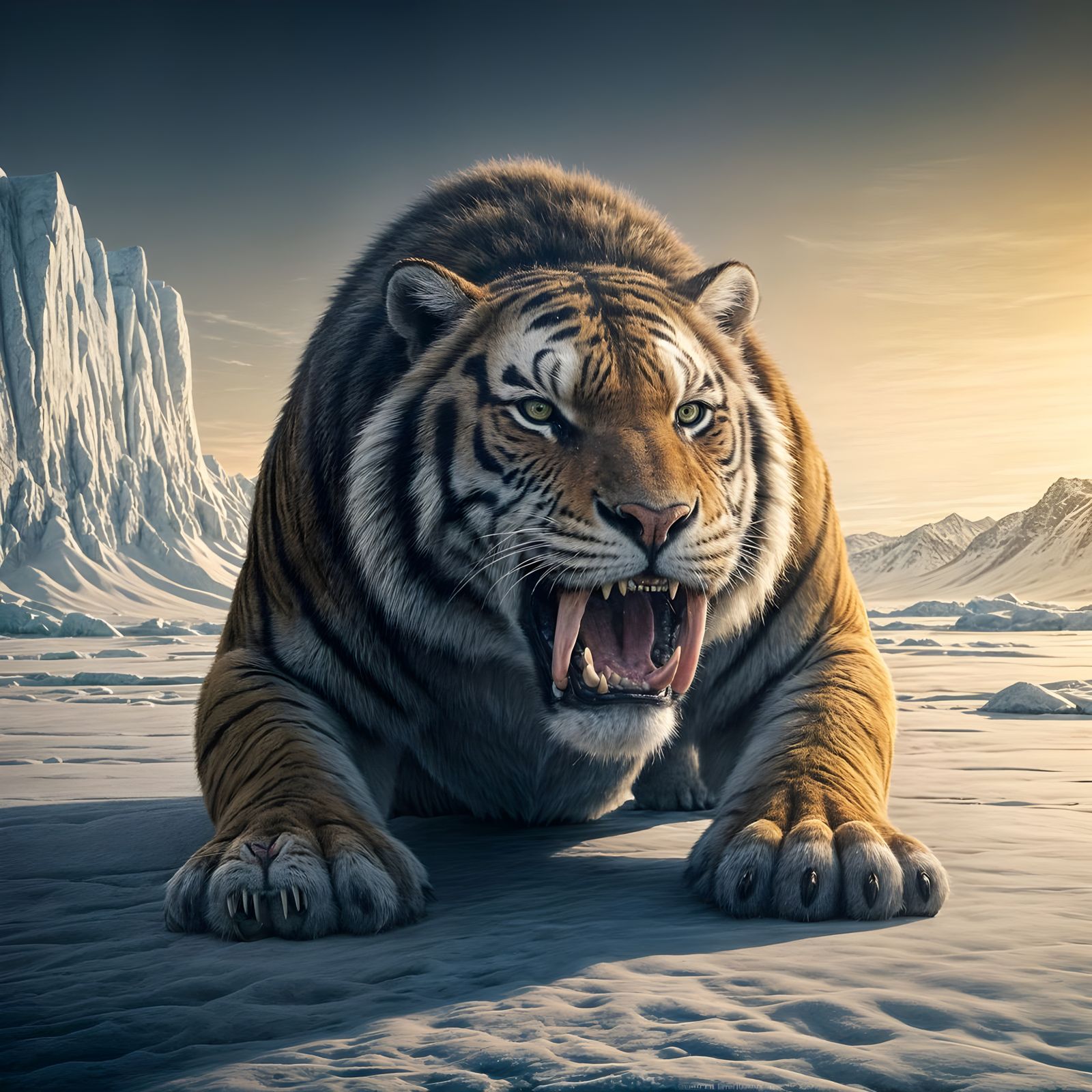 A massive saber-tooth tiger in the tundra