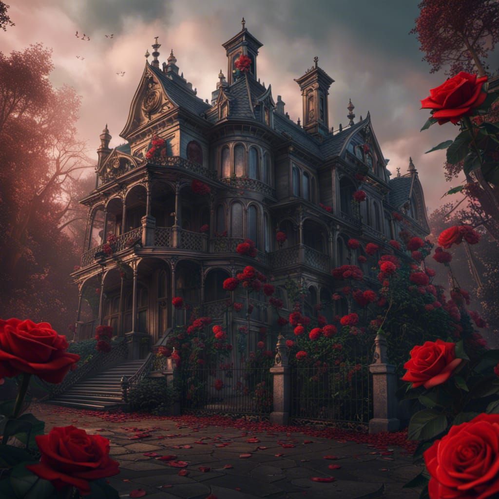 Dark mansion with Red roses - AI Generated Artwork - NightCafe Creator