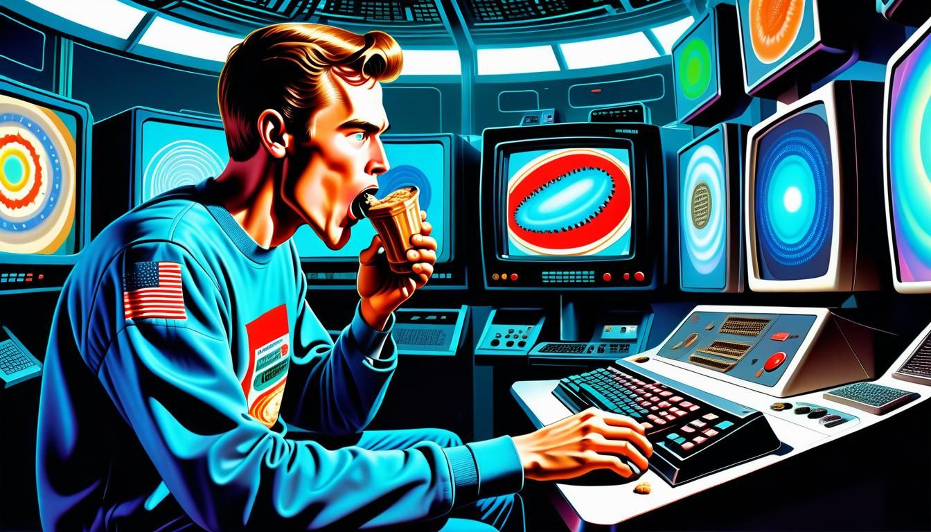 Dirty greasy gamer licking a spoon of peanut butter; while playing ...