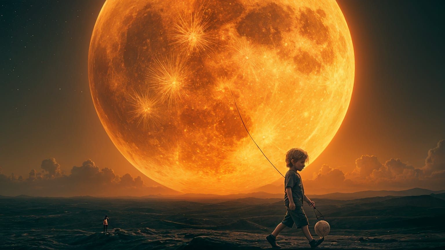 Surreal Boy Holds Giant Apocalyptic Moon Balloon i... - AI Art