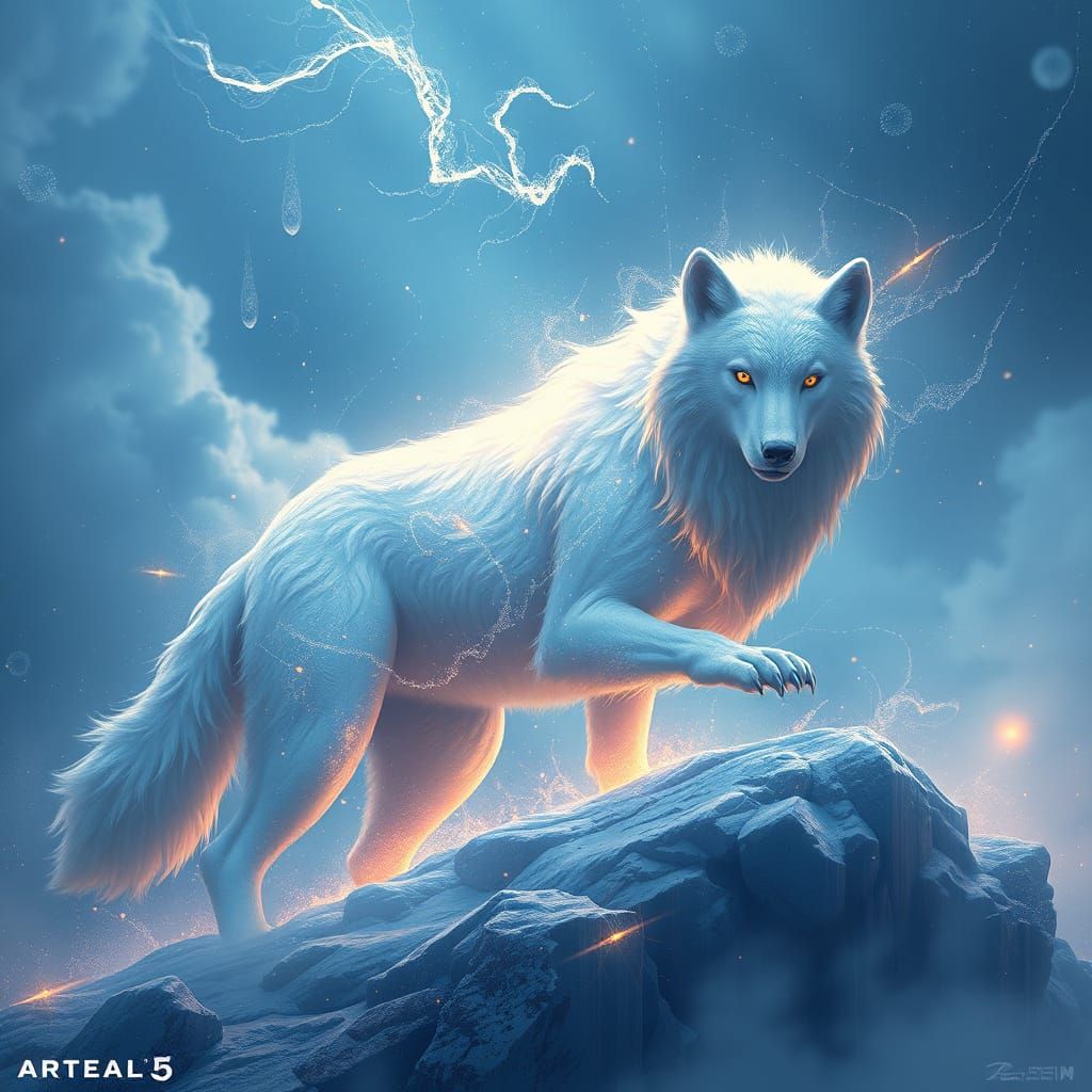 White magical wolve detailed matte painting, deep color, fantastical ...