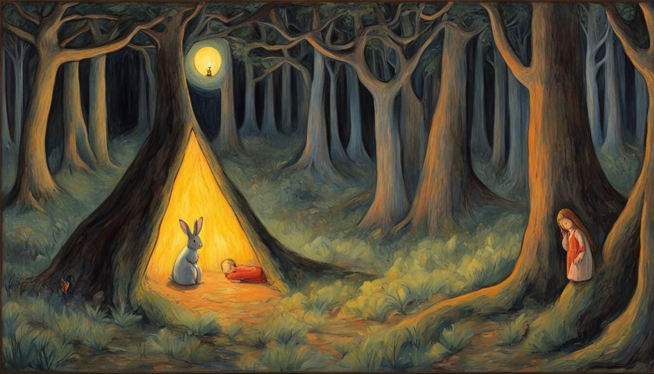 Rabbit talks to demons in the woods. A cave has a lantern inside. The ...