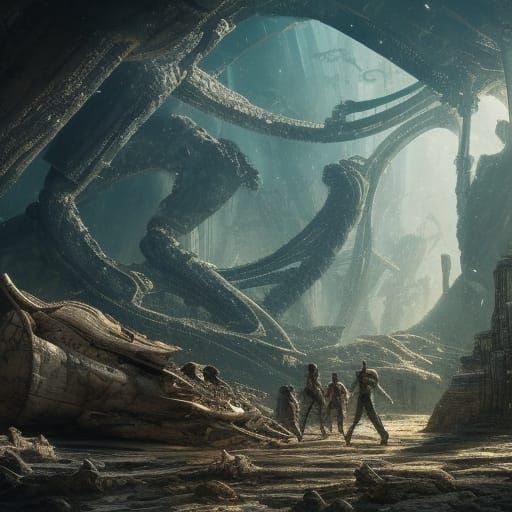 humans exploring alien ruins - AI Generated Artwork - NightCafe Creator