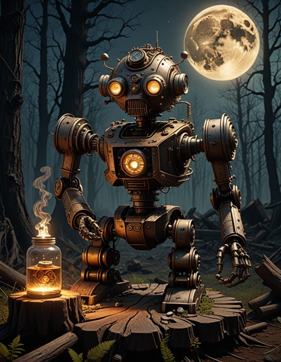 Rusty Steampunk Robot Plays Banjo by Moonlit Campf... - AI Art