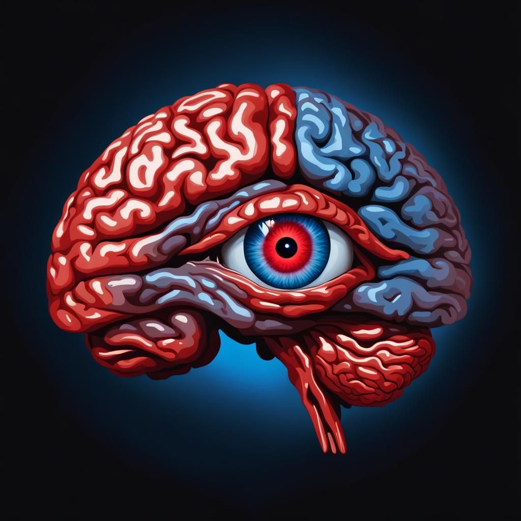 A human brain in shades of red and blue with a single human eye ...
