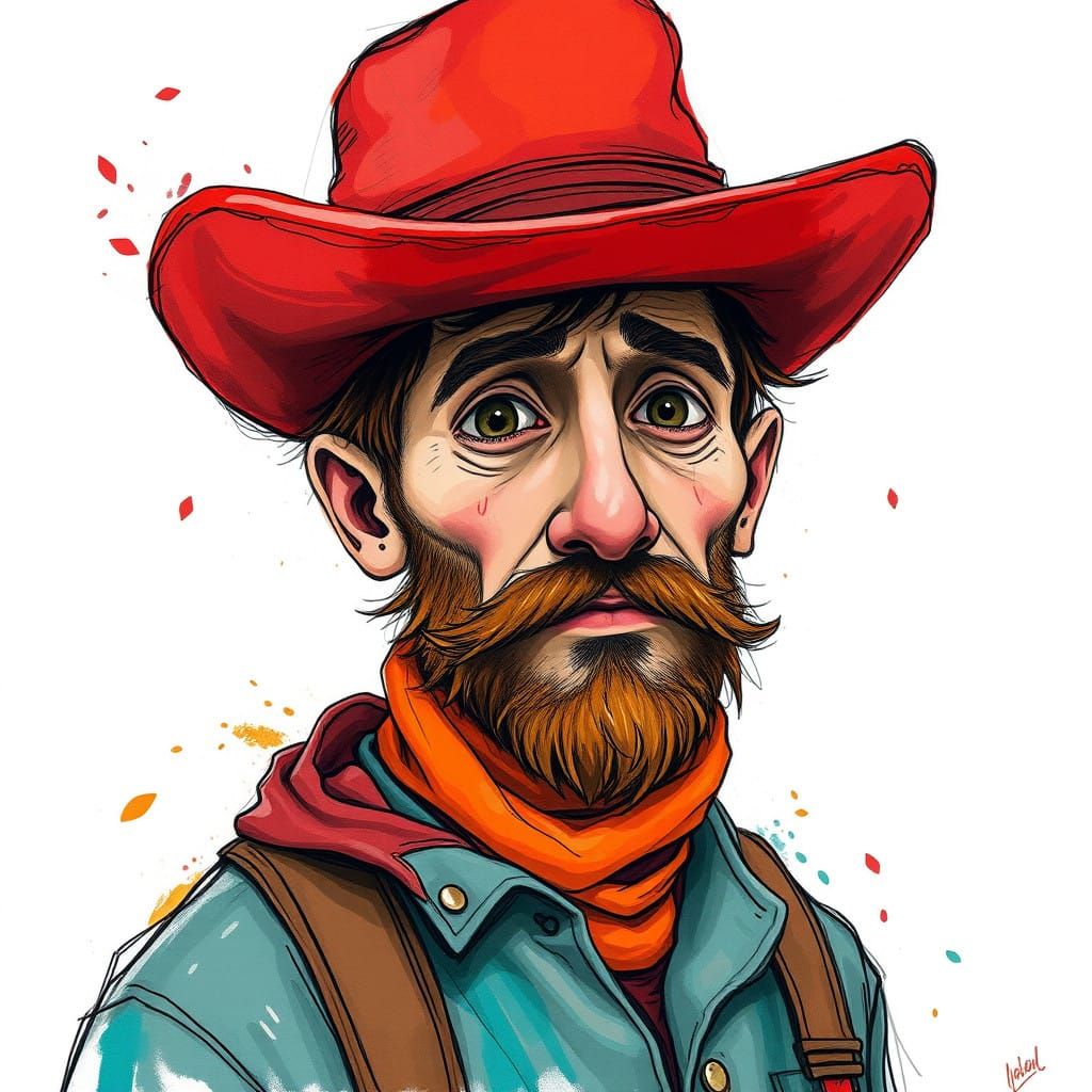 Whimsical Man with Red Hat in Textured Fantasy Sce... - AI Art