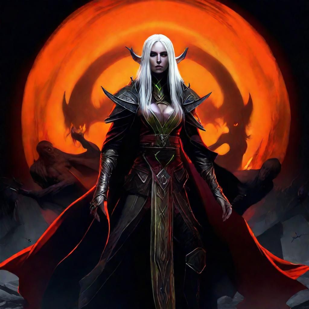 Full body shot, female half-elf, anti-paladin protagonist commanding a ...