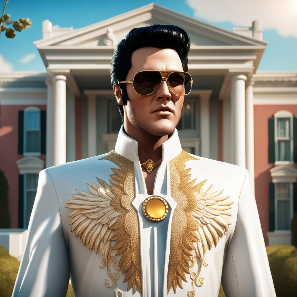 An illustration of Elvis Presley dressed as a saint, with a halo above ...
