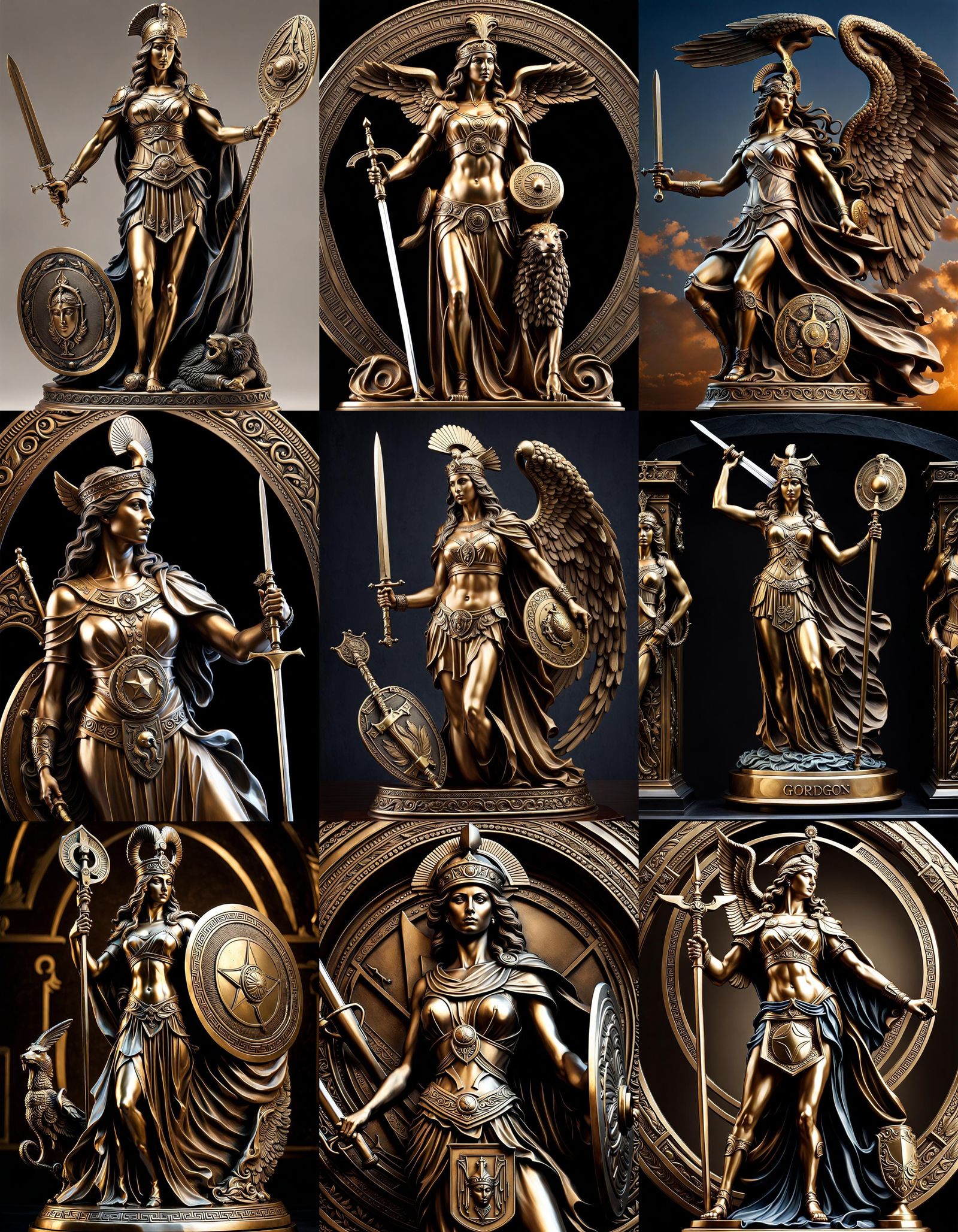 a statue of a Greek goddess athena holding a sword and aegis shield ...