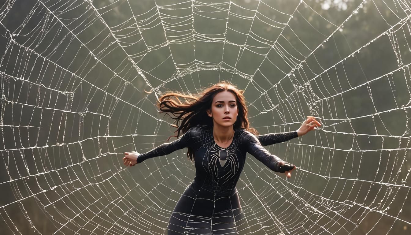 metallic spider weaving web and a beautiful girl falls into the spider ...