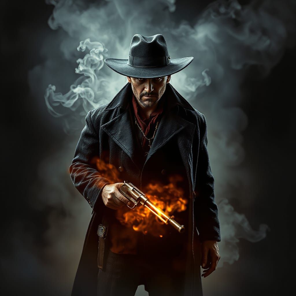 Mysterious Gunslinger Emerges from Smoke in a Dark... - AI Art