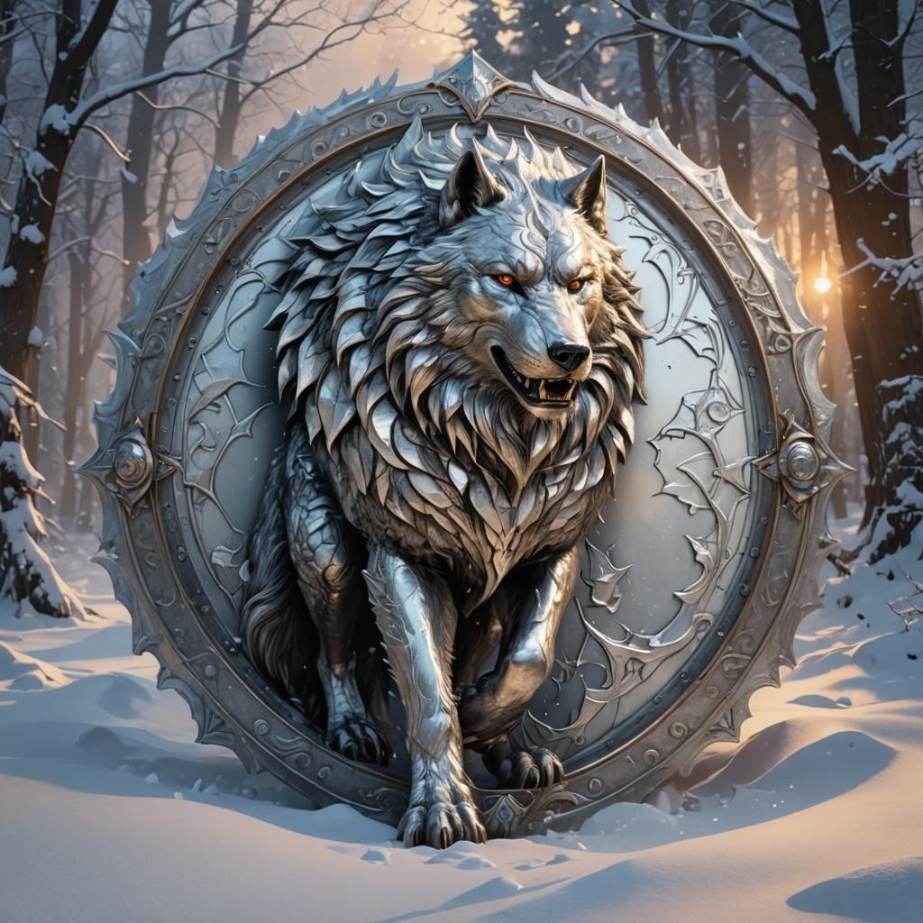 Silver shield made of silver werewolf over snow light at dawn ...
