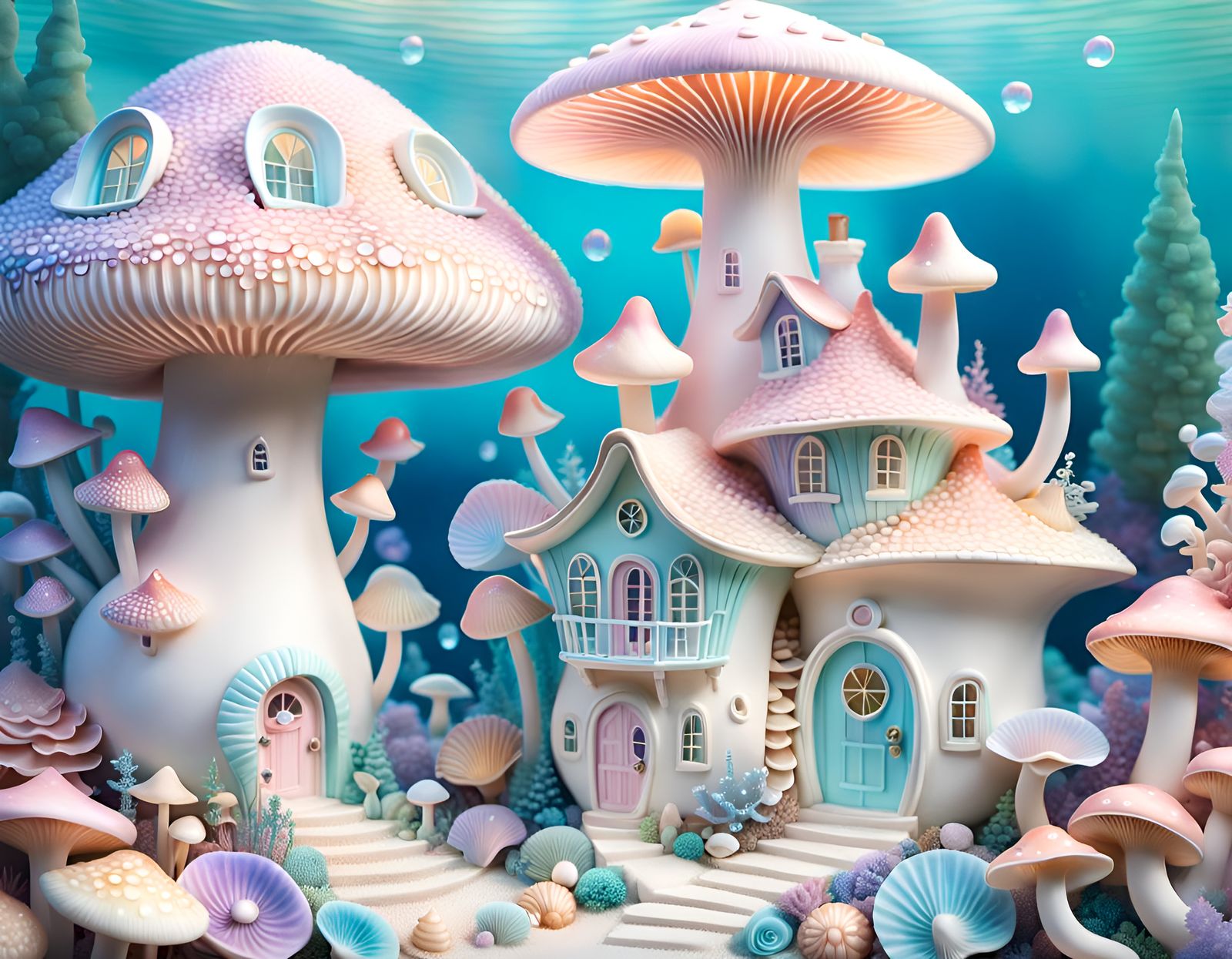 Pastel enchanted mushroom village under the water - AI Generated ...