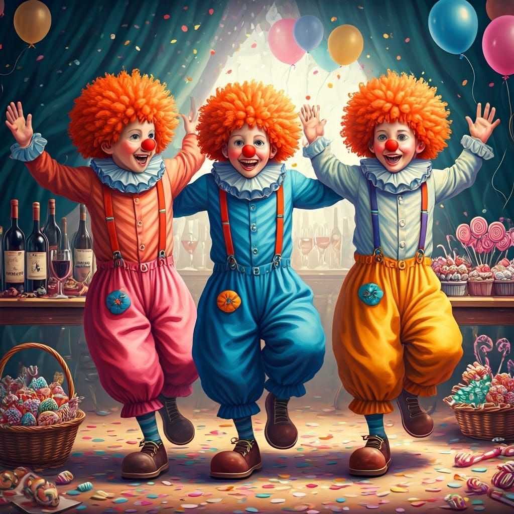 Joyful Clowns Dance in a Whimsical Wonderland - AI Art