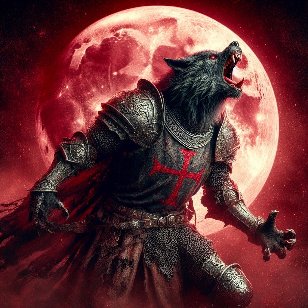Templar knight is turning into werewolf under the crimson full moon ...