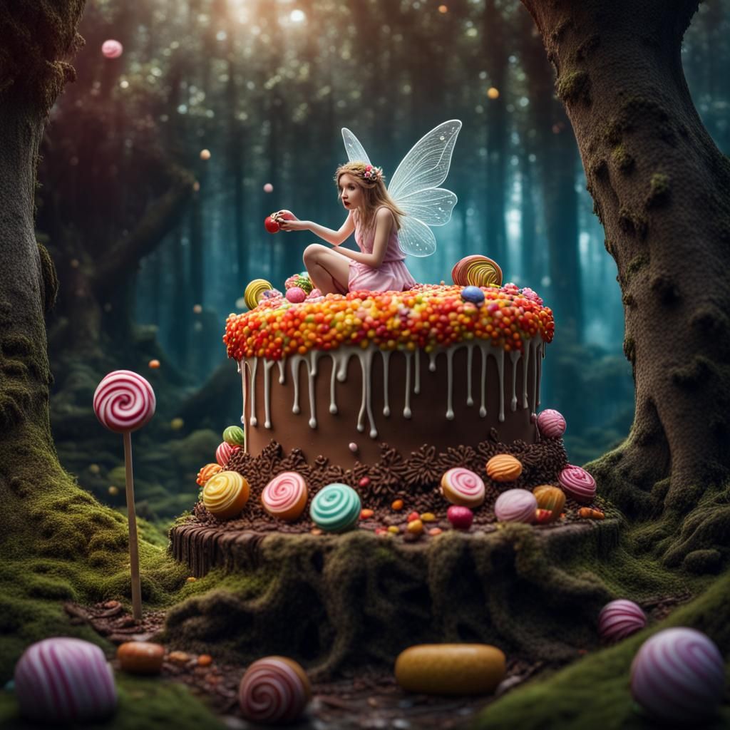a fairy surprised eating a candy in the gourmet cake forest - AI ...