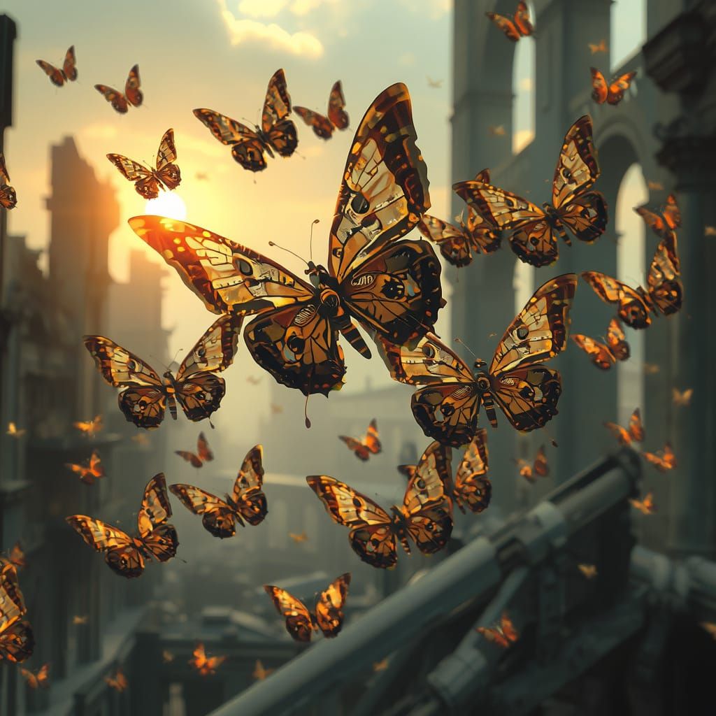 A swarm of clockwork butterflies flutters through the ruins of a ...