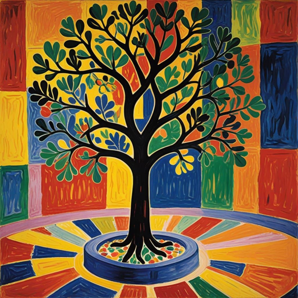 Abstract sculpture, colorful slinky in shape of a tree, museum centerpiece