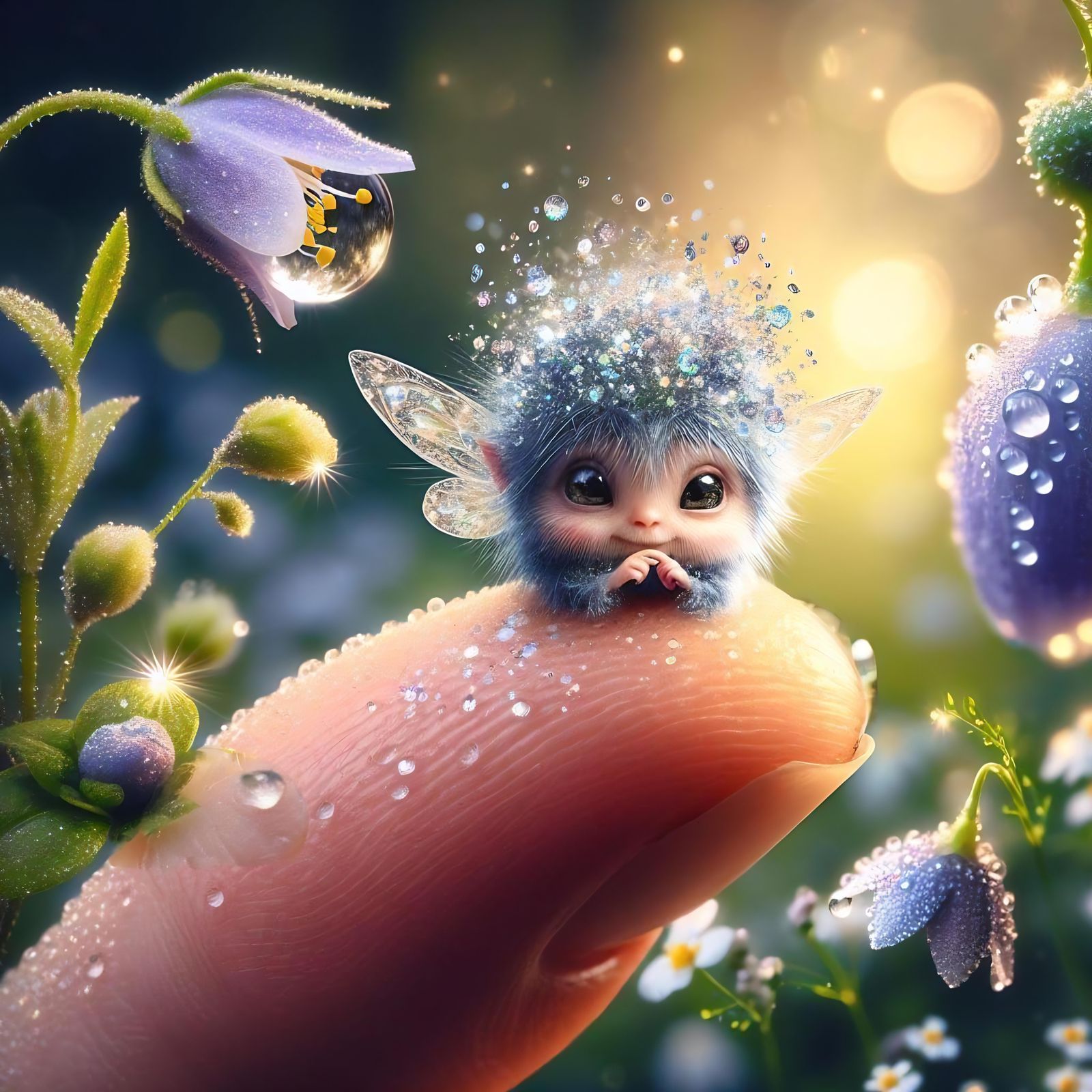 Tiny creature on the fingertip - AI Generated Artwork - NightCafe Creator