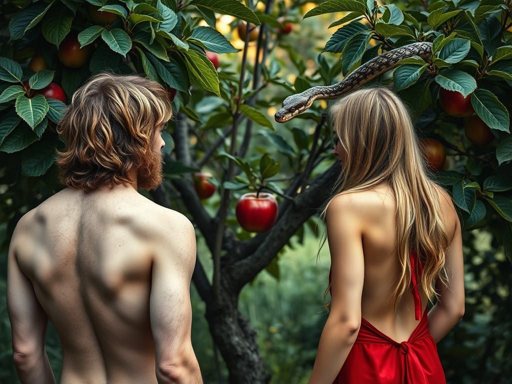 Adam and Eve in the Garden of Eden with Tempting A... - AI Art